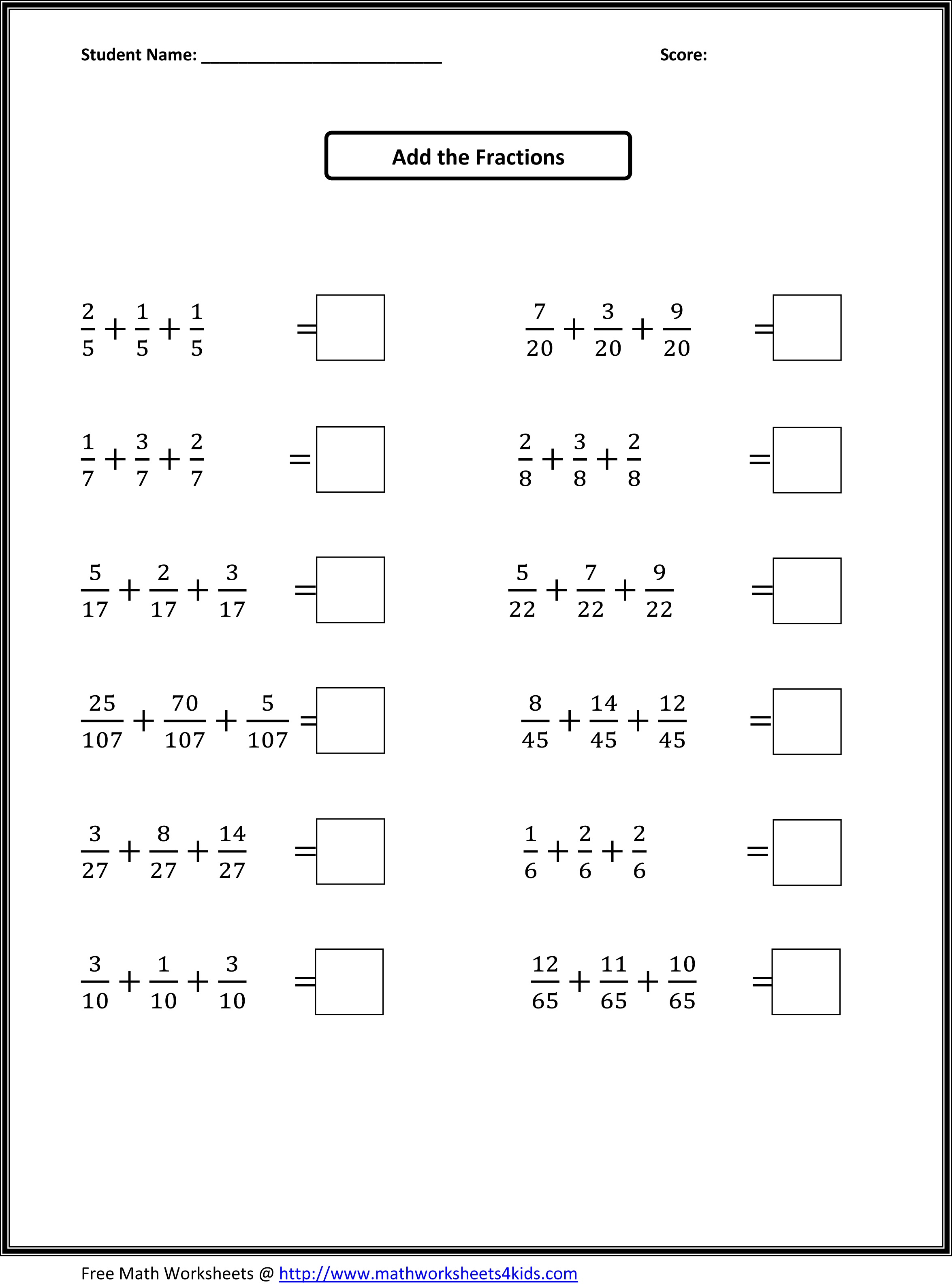 Adding Fractions With 10 And 100 As Denominators Worksheets