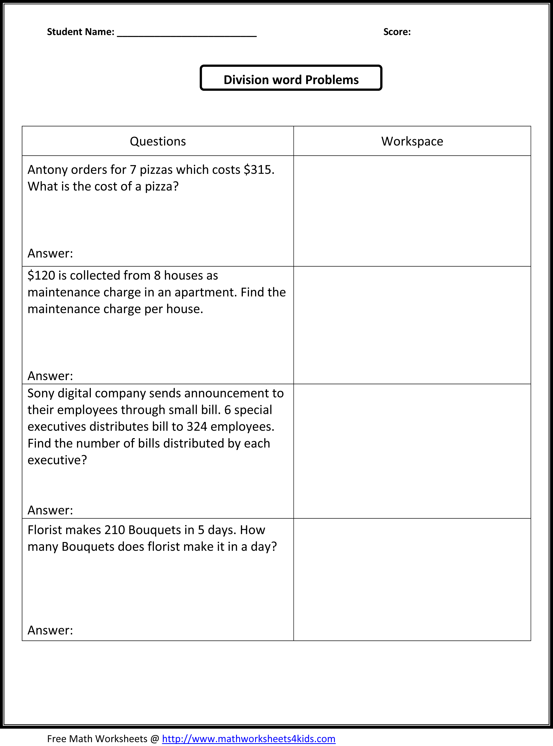 Fifth Grade Math Worksheets