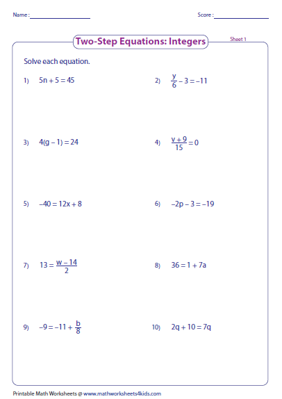 Worksheet Two Step Equations With Integers Worksheet Hunterhq Free 