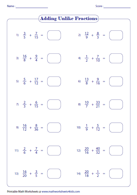 Adding Fractions Worksheets
