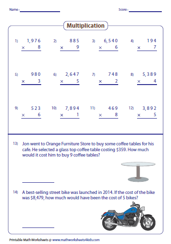 Multiplying Large Numbers Worksheets