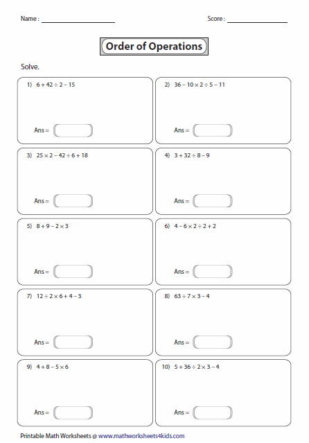 Order Of Operations Worksheets