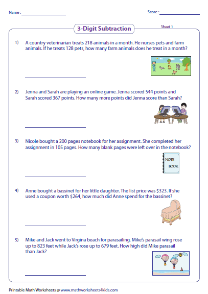 Subtraction Word Problems Worksheets