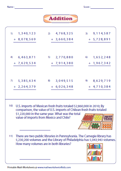 Adding Large Numbers Worksheets