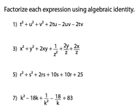 Factoring Polynomials Using Algebraic Identities Worksheets