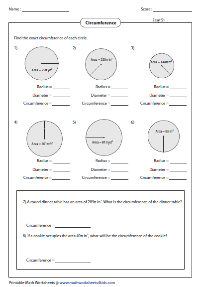 Diameter And Radius Worksheets