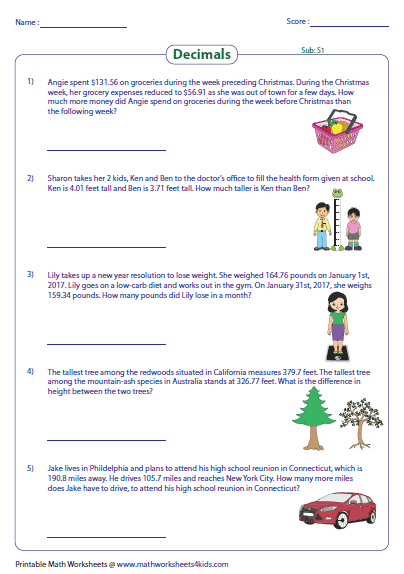 Decimal Word Problems Worksheets