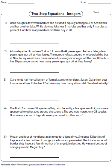 Equation Word Problems Worksheets