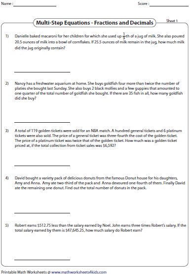 Equation Word Problems Worksheets