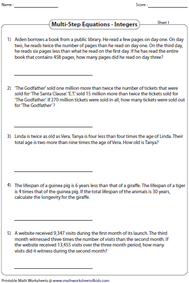 Equation Word Problems Worksheets