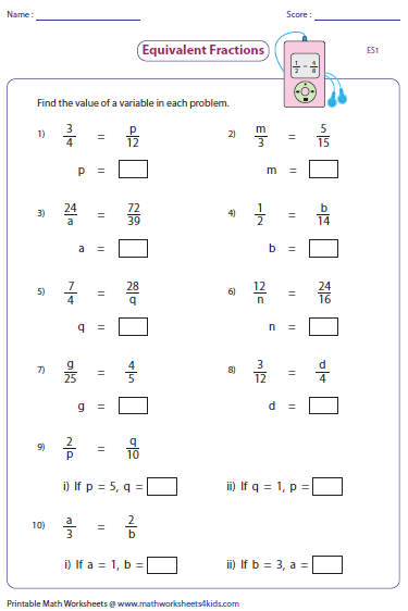 Equivalent Fraction Worksheets