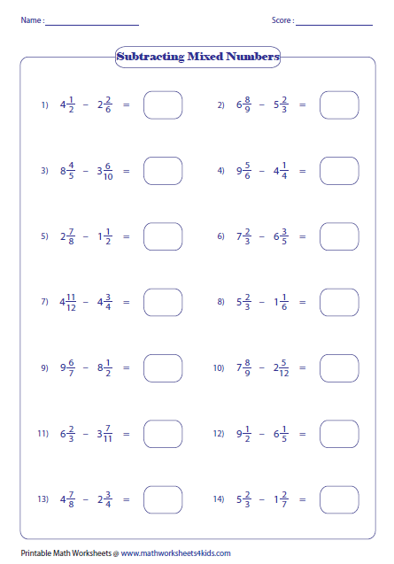 Subtracting Mixed Numbers Worksheets