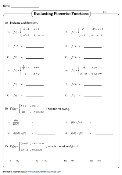 Evaluating Piecewise Functions Worksheets