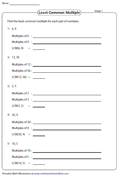 Least Common Multiple Worksheets