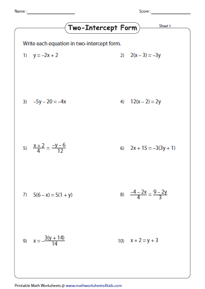 Linear Equation Of A Line Worksheets