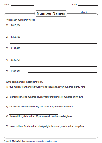 Large Numbers In Words Worksheets Millions