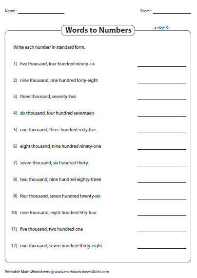 Numbers In Words Thousands Worksheets 4 digit 5 digit 6 digit