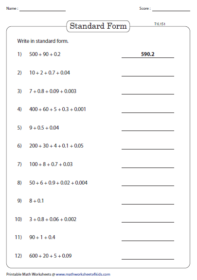 Standard And Expanded Form Decimal Place Value Worksheets