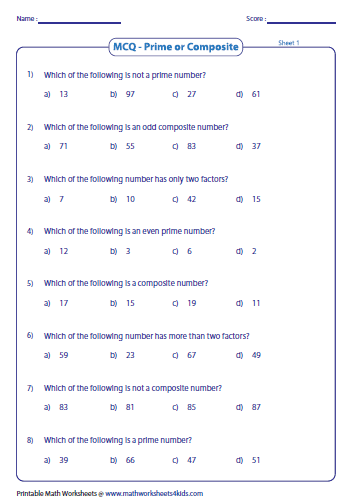 Prime And Composite Numbers Worksheets