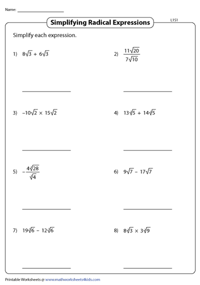 Operations With Radicals Worksheets