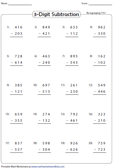3 Digit Subtraction Worksheets