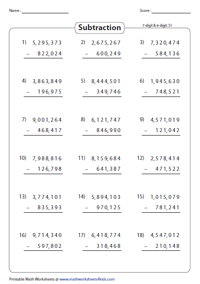 7 Digit Subtraction Worksheets