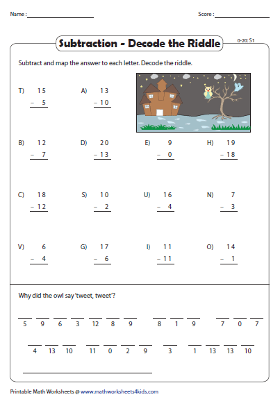Subtraction Riddle Worksheets Subtraction Riddle Worksheets